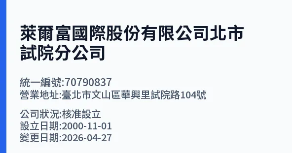 萊爾富國際股份有限公司北市試院分公司的照片-統編 70790837(臺北市) 公司登記資料與營業項目詳細圖表
