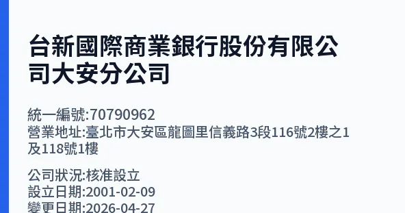 台新國際商業銀行股份有限公司大安分公司的照片-統編 70790962(臺北市) 公司登記資料與營業項目詳細圖表