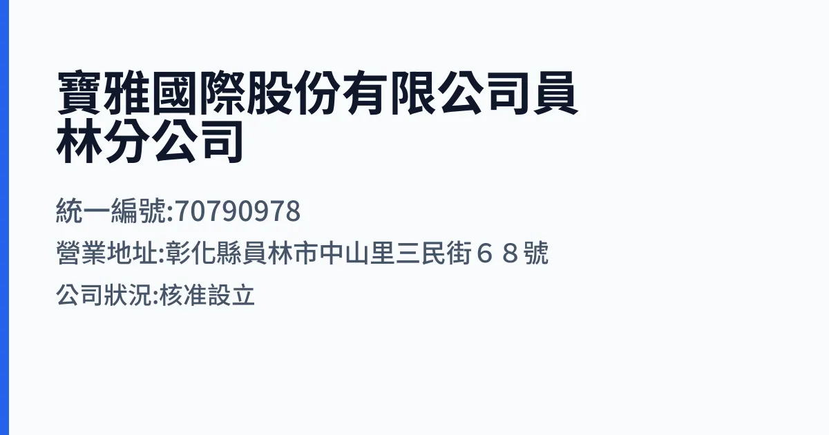寶雅國際股份有限公司員林分公司 - 統編 70790978(彰化縣) 公司登記資料與營業項目詳細圖表