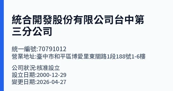 統合開發股份有限公司台中第三分公司的照片-統編 70791012(臺中市) 公司登記資料與營業項目詳細圖表