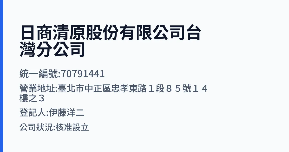 日商清原股份有限公司台灣分公司 - 統編 70791441(臺北市) 公司登記資料與營業項目詳細圖表