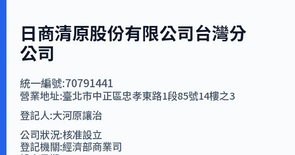 日商清原股份有限公司台灣分公司的照片-統編 70791441(臺北市) 公司登記資料與營業項目詳細圖表