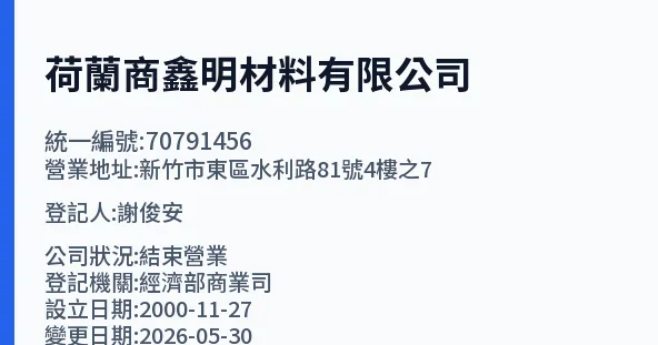 荷蘭商鑫明材料有限公司的照片-統編 70791456(新竹市) 公司登記資料與營業項目詳細圖表