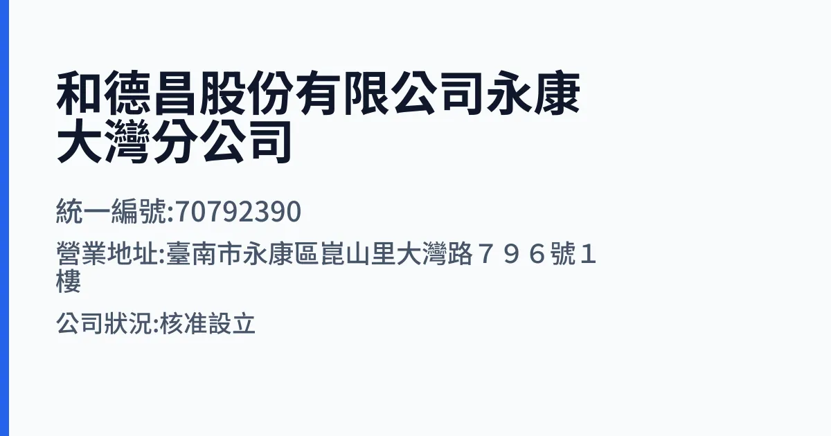 和德昌股份有限公司永康大灣分公司 - 統編 70792390(臺南市) 公司登記資料與營業項目詳細圖表