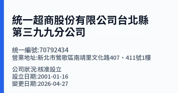 統一超商股份有限公司台北縣第三九九分公司的照片-統編 70792434(新北市) 公司登記資料與營業項目詳細圖表