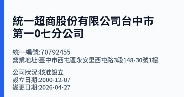 統一超商股份有限公司台中市第一0七分公司的照片-統編 70792455(臺中市) 公司登記資料與營業項目詳細圖表