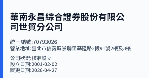 華南永昌綜合證券股份有限公司世貿分公司的照片-統編 70793026(臺北市) 公司登記資料與營業項目詳細圖表