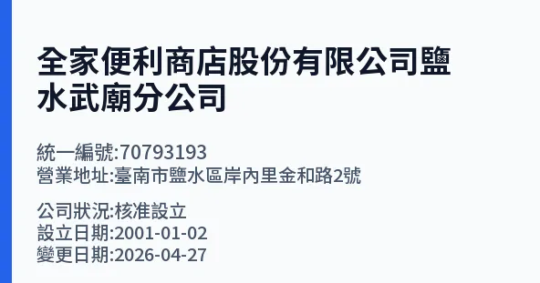 全家便利商店股份有限公司鹽水武廟分公司的照片-統編 70793193(臺南市) 公司登記資料與營業項目詳細圖表