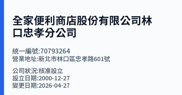 全家便利商店股份有限公司林口忠孝分公司的照片-統編 70793264(新北市) 公司登記資料與營業項目詳細圖表