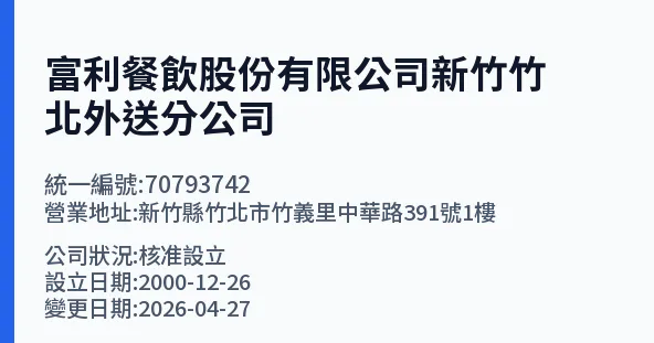 富利餐飲股份有限公司新竹竹北外送分公司的照片-統編 70793742(新竹縣) 公司登記資料與營業項目詳細圖表