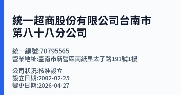 統一超商股份有限公司台南市第八十八分公司的照片-統編 70795565(臺南市) 公司登記資料與營業項目詳細圖表