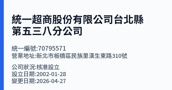 統一超商股份有限公司台北縣第五三八分公司的照片-統編 70795571(新北市) 公司登記資料與營業項目詳細圖表