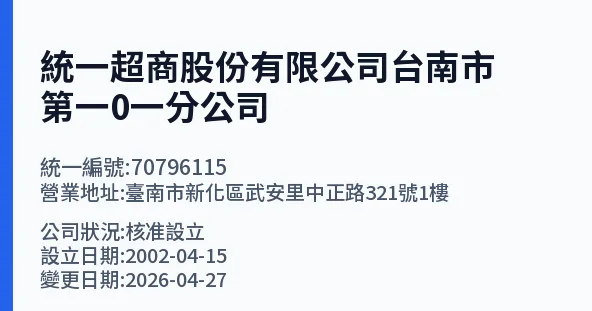 統一超商股份有限公司台南市第一0一分公司的照片-統編 70796115(臺南市) 公司登記資料與營業項目詳細圖表