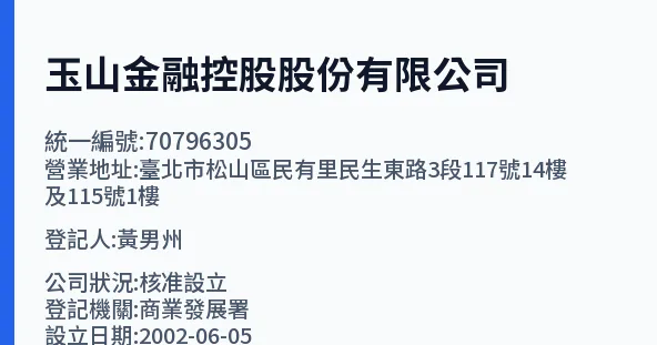 玉山金融控股股份有限公司的照片-統編 70796305(臺北市) 公司登記資料與營業項目詳細圖表