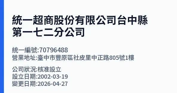 統一超商股份有限公司台中縣第一七二分公司的照片-統編 70796488(臺中市) 公司登記資料與營業項目詳細圖表