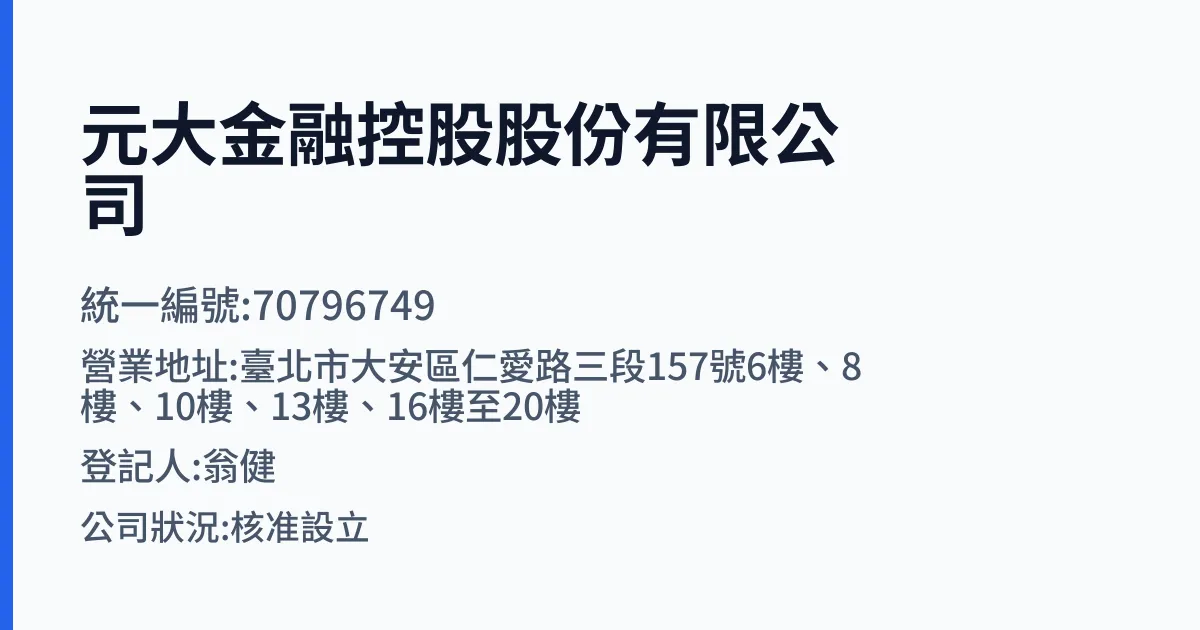 元大金融控股股份有限公司 - 統編 70796749(臺北市) 公司登記資料與營業項目詳細圖表