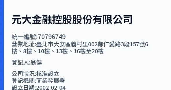 元大金融控股股份有限公司的照片-統編 70796749(臺北市) 公司登記資料與營業項目詳細圖表
