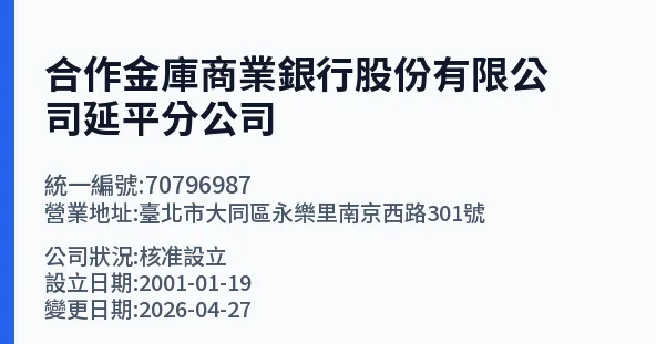 合作金庫商業銀行股份有限公司延平分公司的照片-統編 70796987(臺北市) 公司登記資料與營業項目詳細圖表