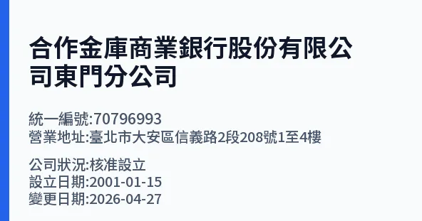 合作金庫商業銀行股份有限公司東門分公司的照片-統編 70796993(臺北市) 公司登記資料與營業項目詳細圖表
