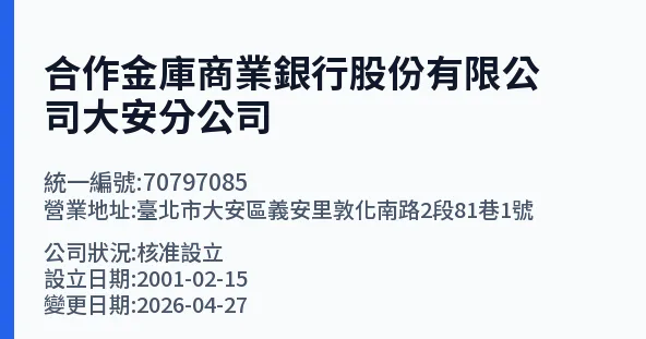 合作金庫商業銀行股份有限公司大安分公司的照片-統編 70797085(臺北市) 公司登記資料與營業項目詳細圖表
