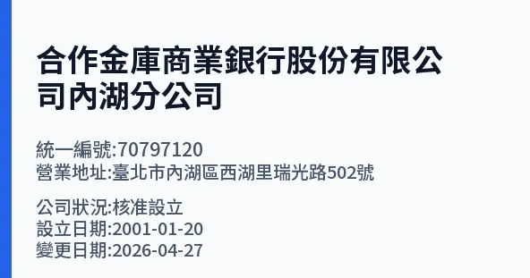 合作金庫商業銀行股份有限公司內湖分公司的照片-統編 70797120(臺北市) 公司登記資料與營業項目詳細圖表