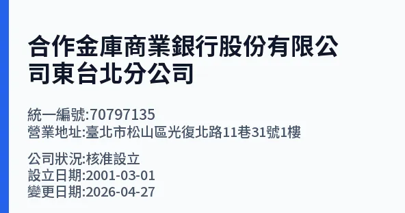 合作金庫商業銀行股份有限公司東台北分公司的照片-統編 70797135(臺北市) 公司登記資料與營業項目詳細圖表