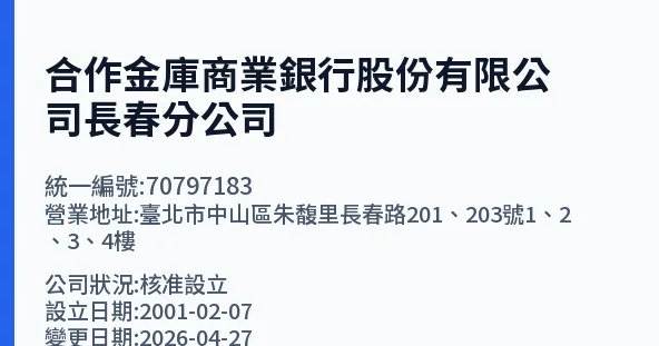 合作金庫商業銀行股份有限公司長春分公司的照片-統編 70797183(臺北市) 公司登記資料與營業項目詳細圖表