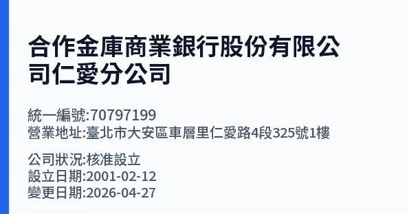 合作金庫商業銀行股份有限公司仁愛分公司的照片-統編 70797199(臺北市) 公司登記資料與營業項目詳細圖表