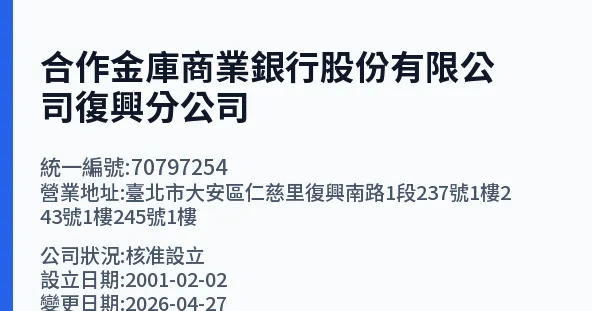 合作金庫商業銀行股份有限公司復興分公司的照片-統編 70797254(臺北市) 公司登記資料與營業項目詳細圖表