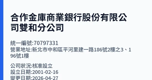 合作金庫商業銀行股份有限公司雙和分公司的照片-統編 70797331(新北市) 公司登記資料與營業項目詳細圖表