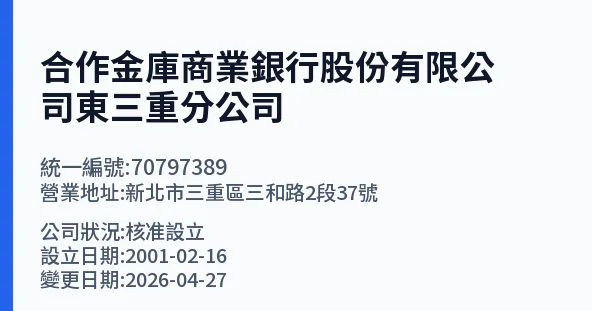 合作金庫商業銀行股份有限公司東三重分公司的照片-統編 70797389(新北市) 公司登記資料與營業項目詳細圖表