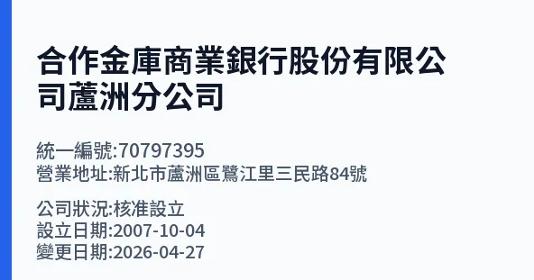 合作金庫商業銀行股份有限公司蘆洲分公司的照片-統編 70797395(新北市) 公司登記資料與營業項目詳細圖表