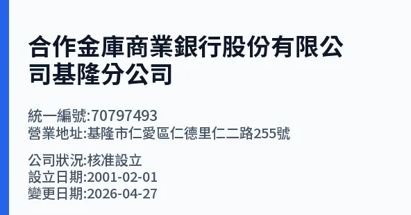 合作金庫商業銀行股份有限公司基隆分公司的照片-統編 70797493(基隆市) 公司登記資料與營業項目詳細圖表