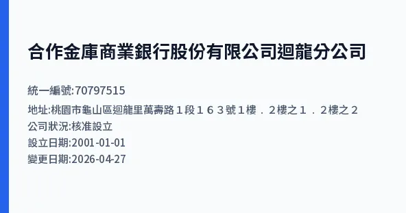 合作金庫商業銀行股份有限公司迴龍分公司的照片-統編 70797515(桃園市) 公司登記資料與營業項目詳細圖表