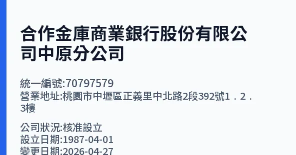 合作金庫商業銀行股份有限公司中原分公司的照片-統編 70797579(桃園市) 公司登記資料與營業項目詳細圖表