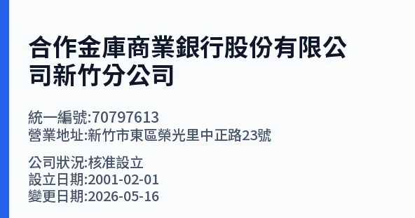 合作金庫商業銀行股份有限公司新竹分公司的照片-統編 70797613(新竹市) 公司登記資料與營業項目詳細圖表
