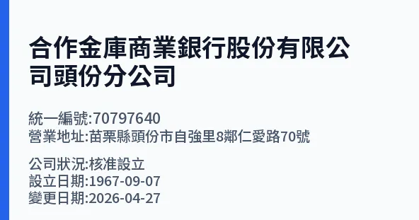 合作金庫商業銀行股份有限公司頭份分公司的照片-統編 70797640(苗栗縣) 公司登記資料與營業項目詳細圖表