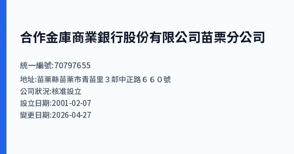 合作金庫商業銀行股份有限公司苗栗分公司的照片-統編 70797655(苗栗縣) 公司登記資料與營業項目詳細圖表