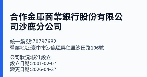 合作金庫商業銀行股份有限公司沙鹿分公司的照片-統編 70797682(臺中市) 公司登記資料與營業項目詳細圖表