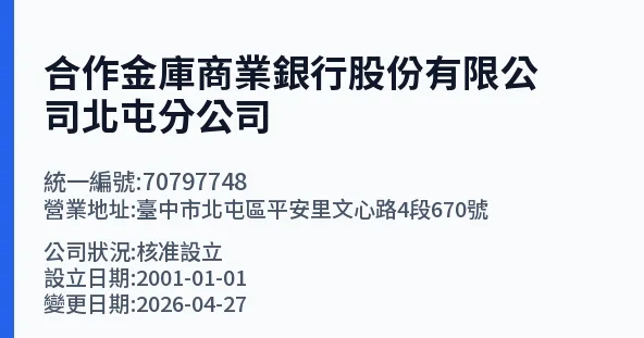 合作金庫商業銀行股份有限公司北屯分公司的照片-統編 70797748(臺中市) 公司登記資料與營業項目詳細圖表