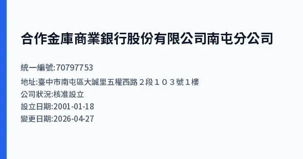 合作金庫商業銀行股份有限公司南屯分公司的照片-統編 70797753(臺中市) 公司登記資料與營業項目詳細圖表