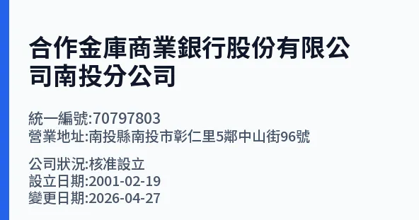 合作金庫商業銀行股份有限公司南投分公司的照片-統編 70797803(南投縣) 公司登記資料與營業項目詳細圖表