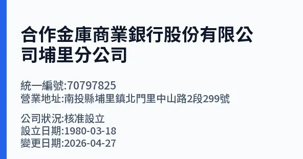 合作金庫商業銀行股份有限公司埔里分公司的照片-統編 70797825(南投縣) 公司登記資料與營業項目詳細圖表