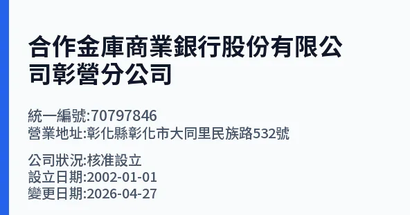 合作金庫商業銀行股份有限公司彰營分公司的照片-統編 70797846(彰化縣) 公司登記資料與營業項目詳細圖表