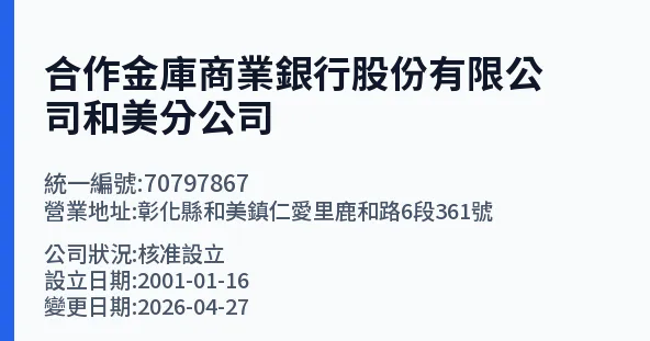 合作金庫商業銀行股份有限公司和美分公司的照片-統編 70797867(彰化縣) 公司登記資料與營業項目詳細圖表