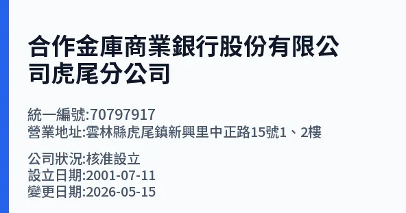 合作金庫商業銀行股份有限公司虎尾分公司的照片-統編 70797917(雲林縣) 公司登記資料與營業項目詳細圖表