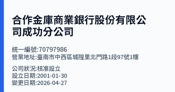 合作金庫商業銀行股份有限公司成功分公司的照片-統編 70797986(臺南市) 公司登記資料與營業項目詳細圖表