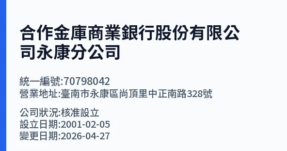 合作金庫商業銀行股份有限公司永康分公司的照片-統編 70798042(臺南市) 公司登記資料與營業項目詳細圖表