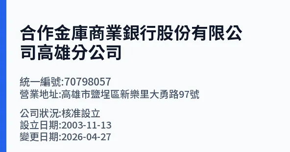 合作金庫商業銀行股份有限公司高雄分公司的照片-統編 70798057(高雄市) 公司登記資料與營業項目詳細圖表