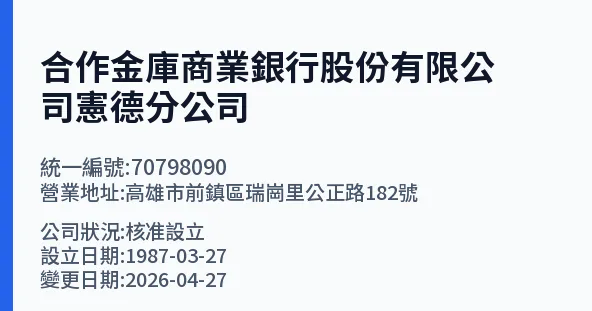 合作金庫商業銀行股份有限公司憲德分公司的照片-統編 70798090(高雄市) 公司登記資料與營業項目詳細圖表